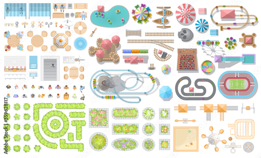 Set of landscape elements. Amusement park. Top view. Fences, paths ...