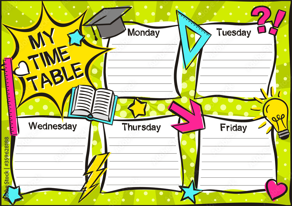 Bright template of a school schedule for 5 days of the week for ...