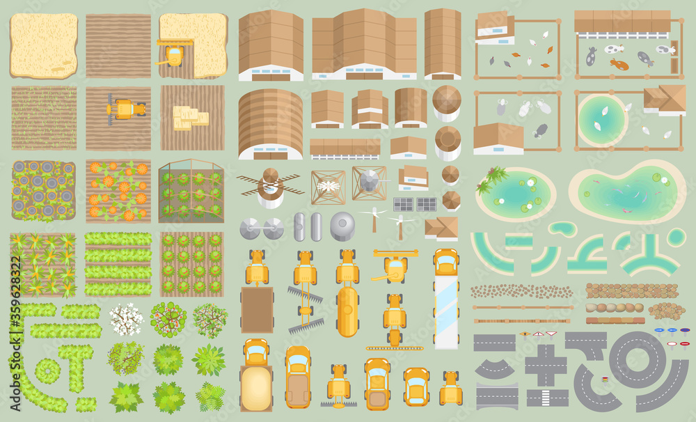 Vector set. Green farm. (top view) Fields, vegetable gardens, hangars ...