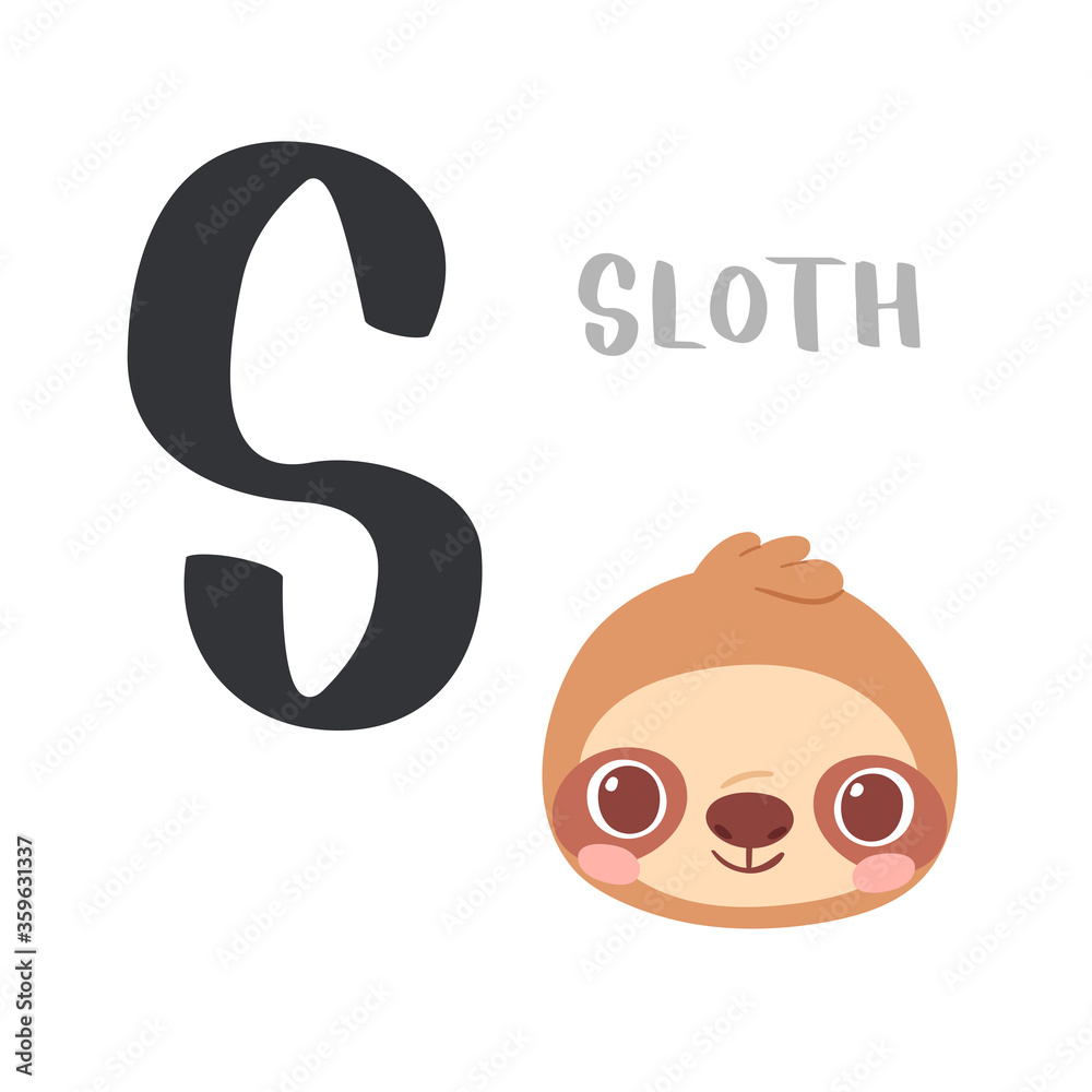 Cute children alphabet. Zoo ABC with animal face. Cartoon sloth head ...