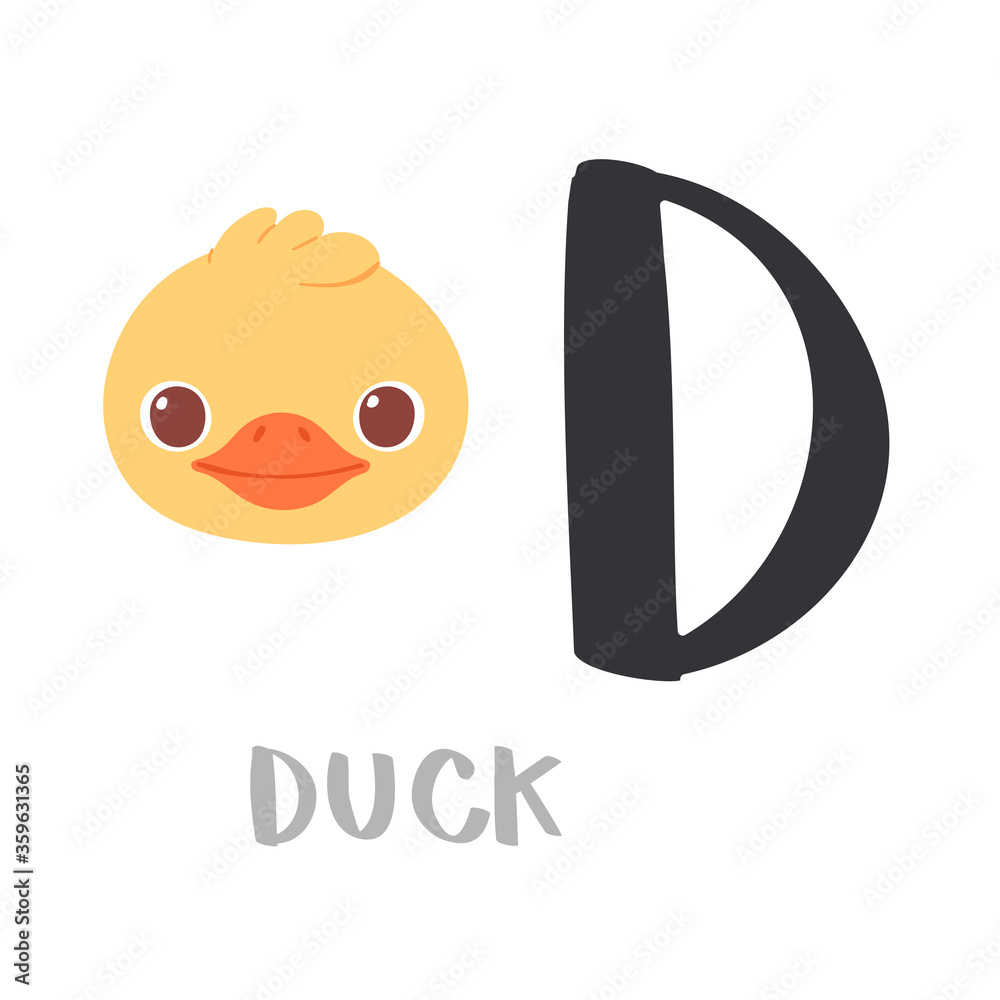 Cute children alphabet. Zoo ABC with animal face. Cartoon duck head ...