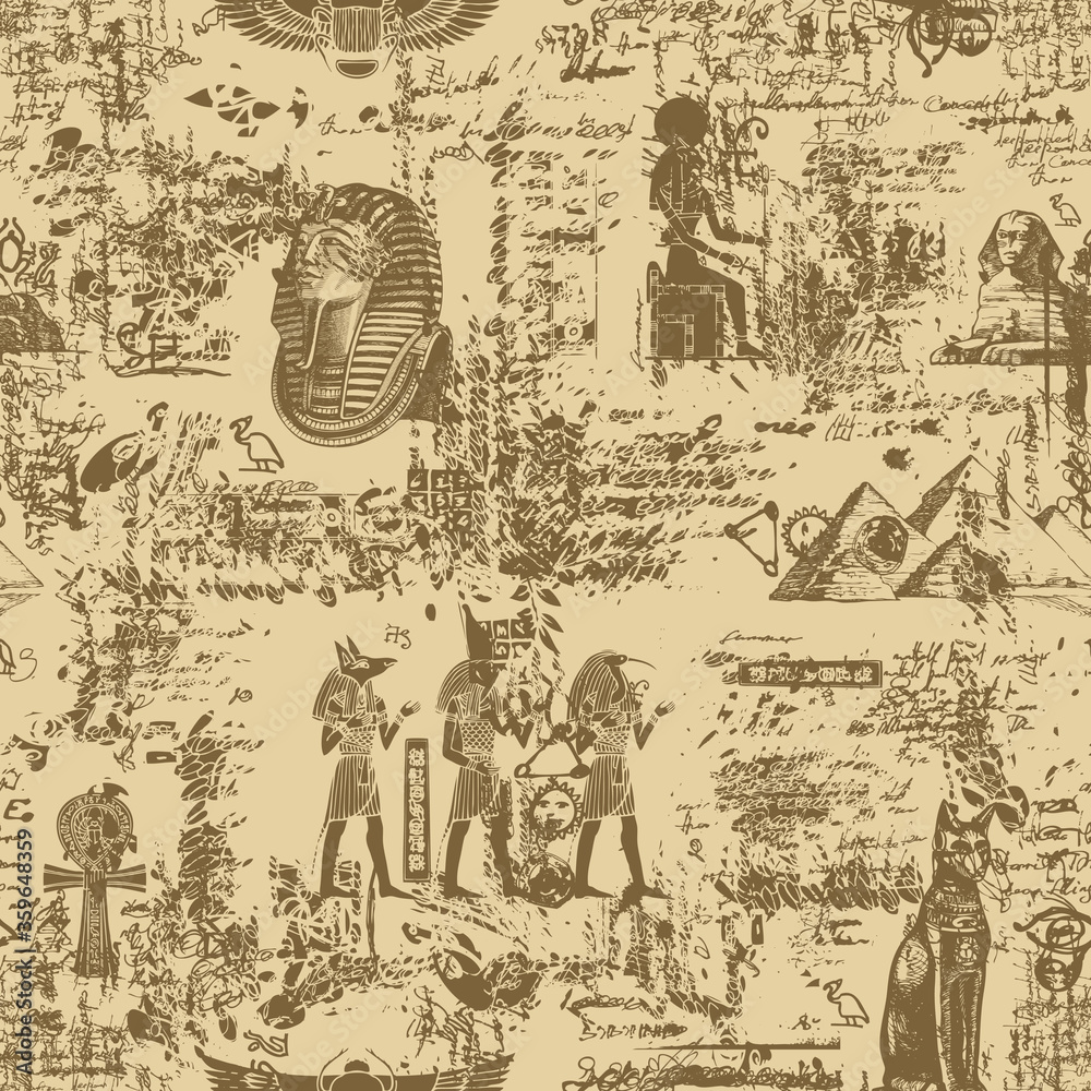 Ancient Egypt seamless pattern with sketches of Egyptian gods and ...
