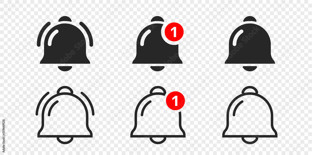 Notification icon set, flat and line design. Bell icons set isolated on ...