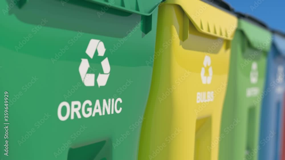 Plastic bins, garbage cans, recycling. Colored boxes, waste sorting ...