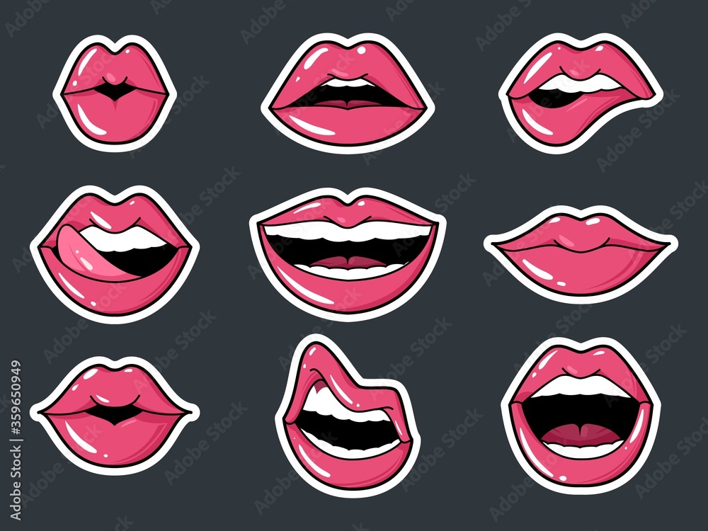 Lip Stickers Set. Patch female lips and mouth with a kiss, smile ...