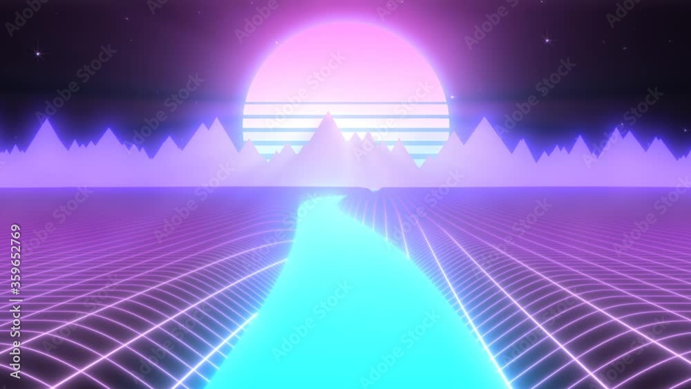 Synthwave Landscape of Glowing River Mountains and Retro 80s Sun - 4K ...