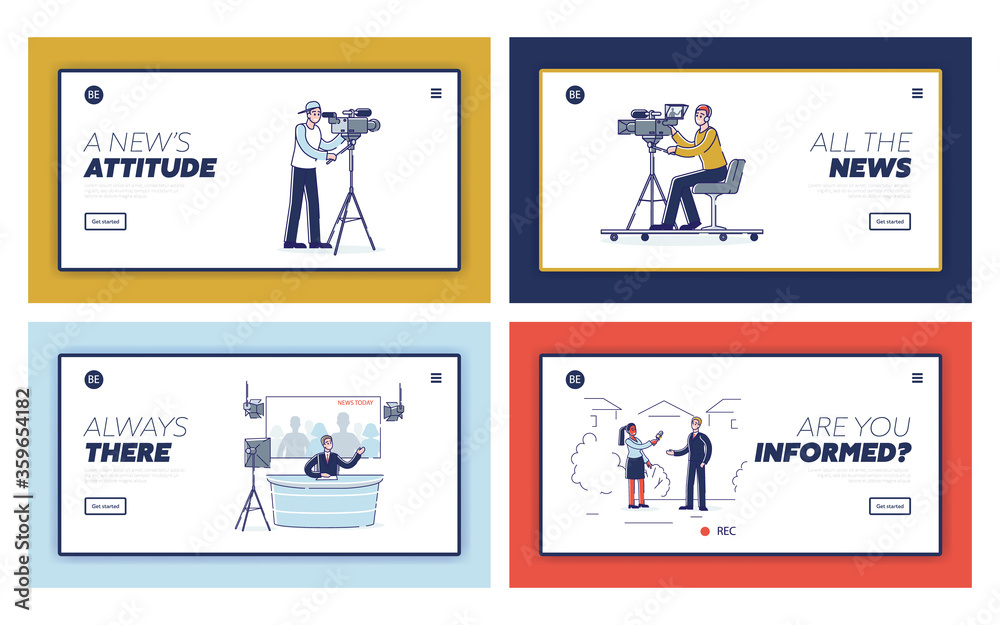 Set of landing pages with tv news crew. Studio host, reporter and ...