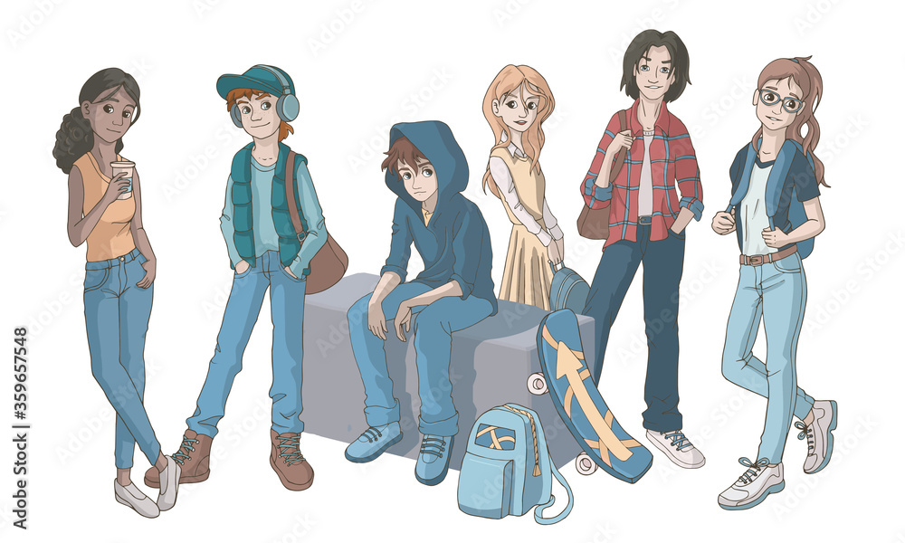 Cartoon students stand with bags and backpacks. Group of young people ...