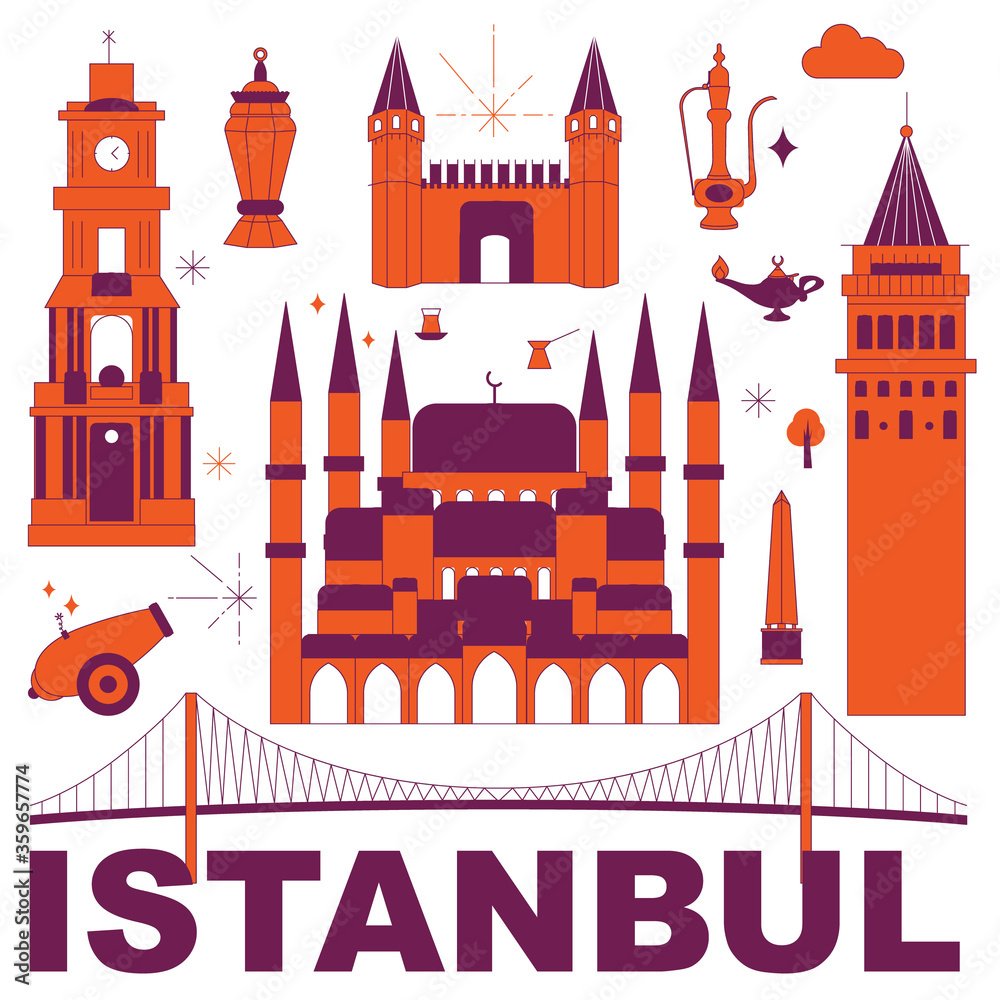 Istanbul culture travel set, famous architectures and specialties in ...