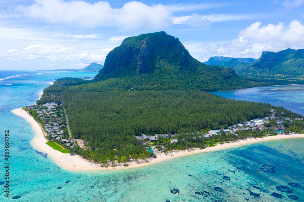 Aerial view of Le Morne Brabant, a UNESCO world heritage site.Coral ...