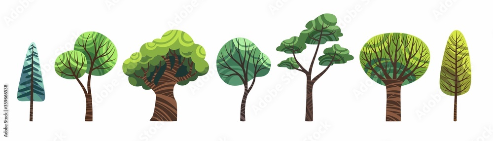 Cute cartoon trees set isolated on white vector. Old and young, big and ...