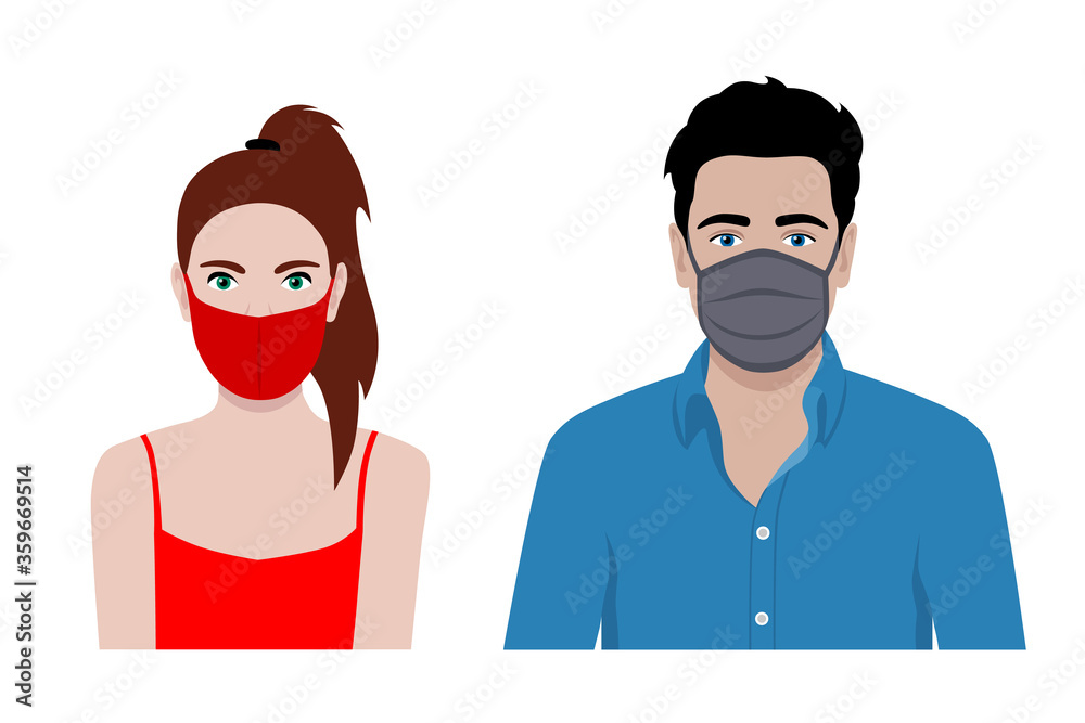 Front view vector set of a man and a woman wearing protective face mask ...