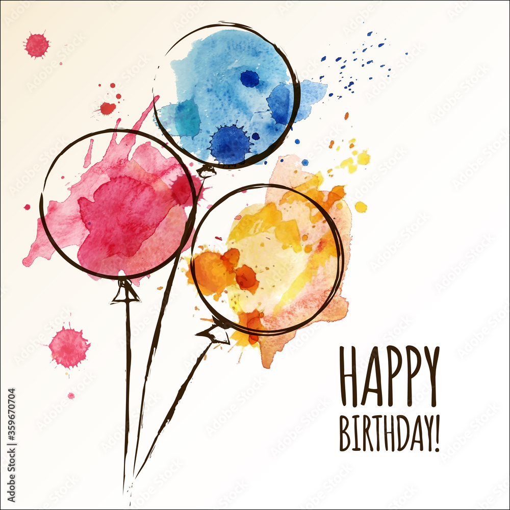 Happy Birthday Card with doodle hand drawn balloons. Vector ...