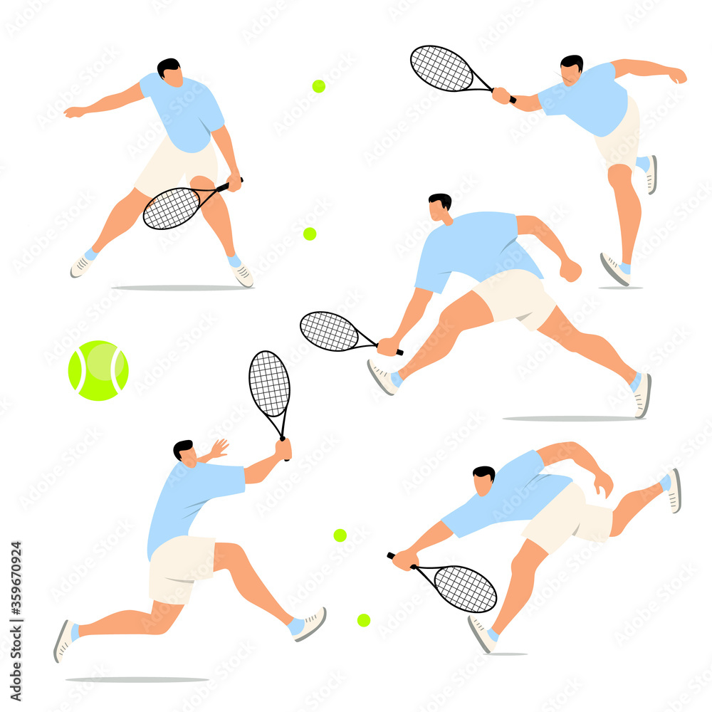 Shot, match pose competition. Ball hit collection. Man and racket. Set ...