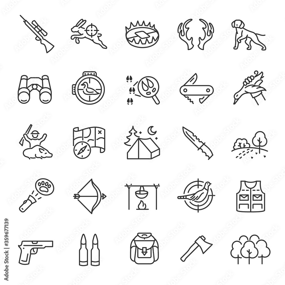 Hunting, icon set. Seeking, pursuing and capturing or killing wild or ...