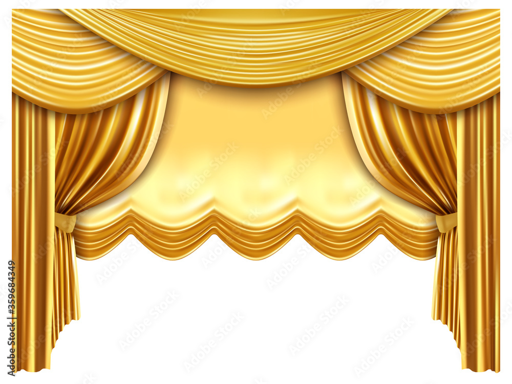 Golden stage curtain. Realistic silk curtains, luxury opera scene ...