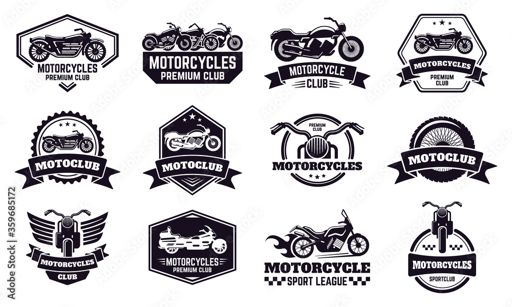Motorbike badges. Retro motorcycle bike club emblems, racing and ...