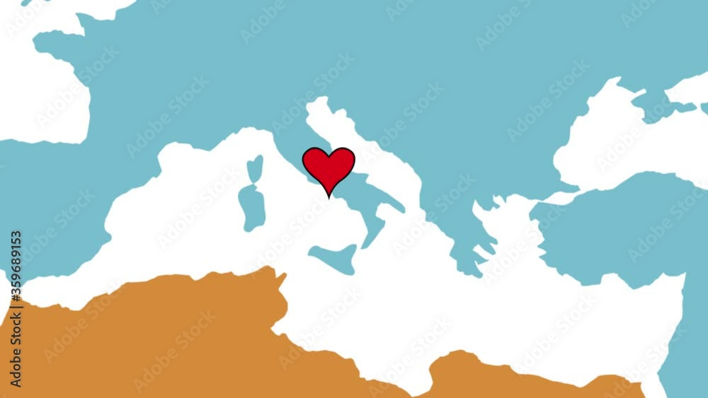 Cartoon plane fly to Italy and landing on map. Heart appearing on the ...