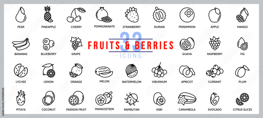 Set of icons fruits and berries. Outline illustration vector. Pictogram ...