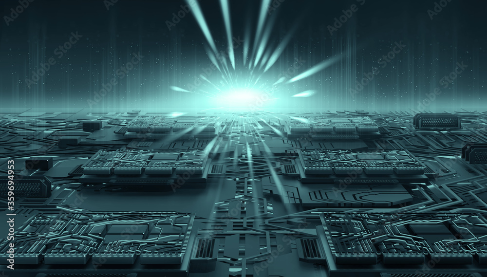 Futuristic computer panel, digital circuit and quantum processor ...