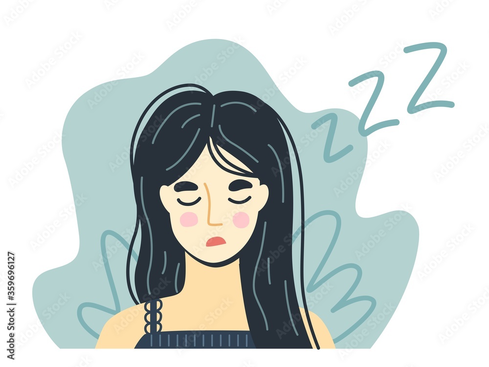 Portrait of a tired exhausted falling asleep woman with tousled hair ...