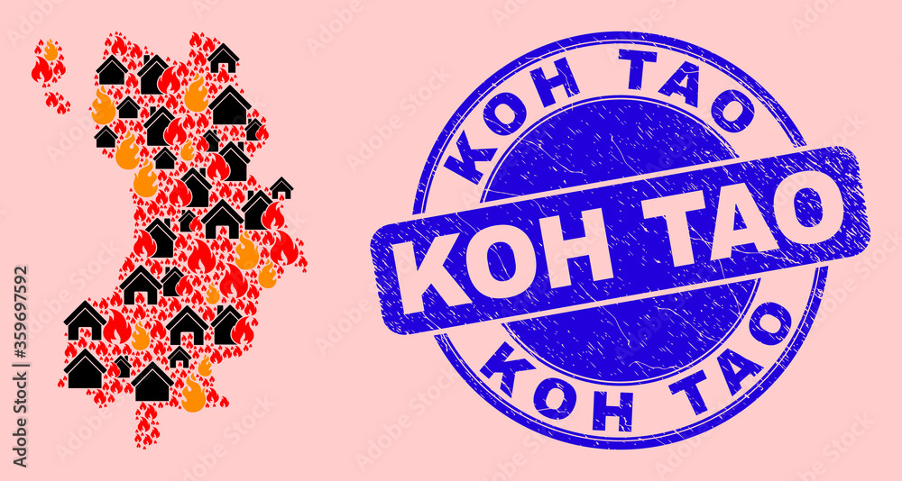 Fire and houses composition Koh Tao map and Koh Tao scratched stamp ...