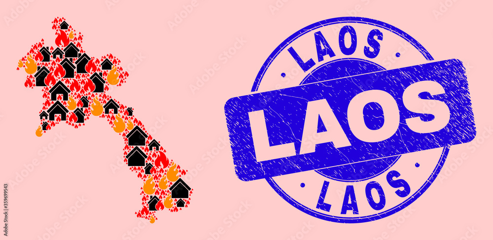 Fire and buildings mosaic Laos map and Laos scratched stamp imitation ...