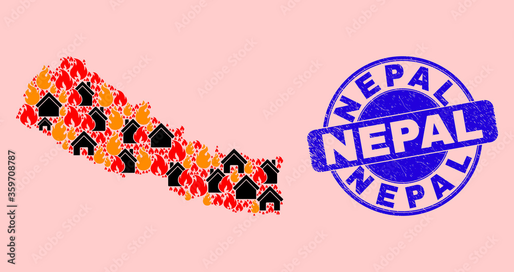 Fire and houses mosaic Nepal map and Nepal unclean stamp. Vector mosaic ...