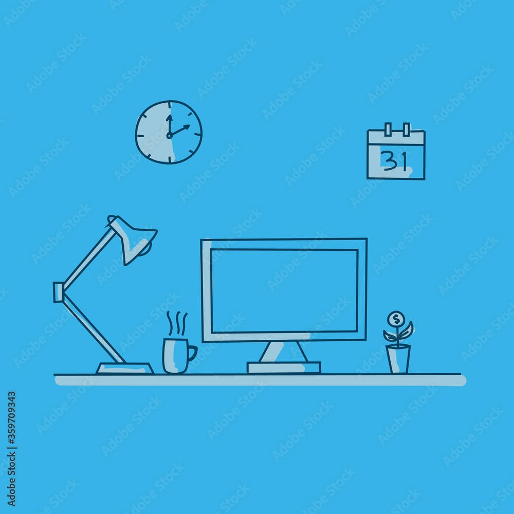 workplace office desk table with a computer screen monitor doodle hand ...