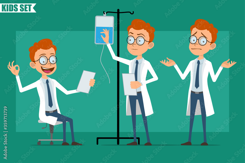 Cartoon flat redhead little doctor or scientist boy character in ...