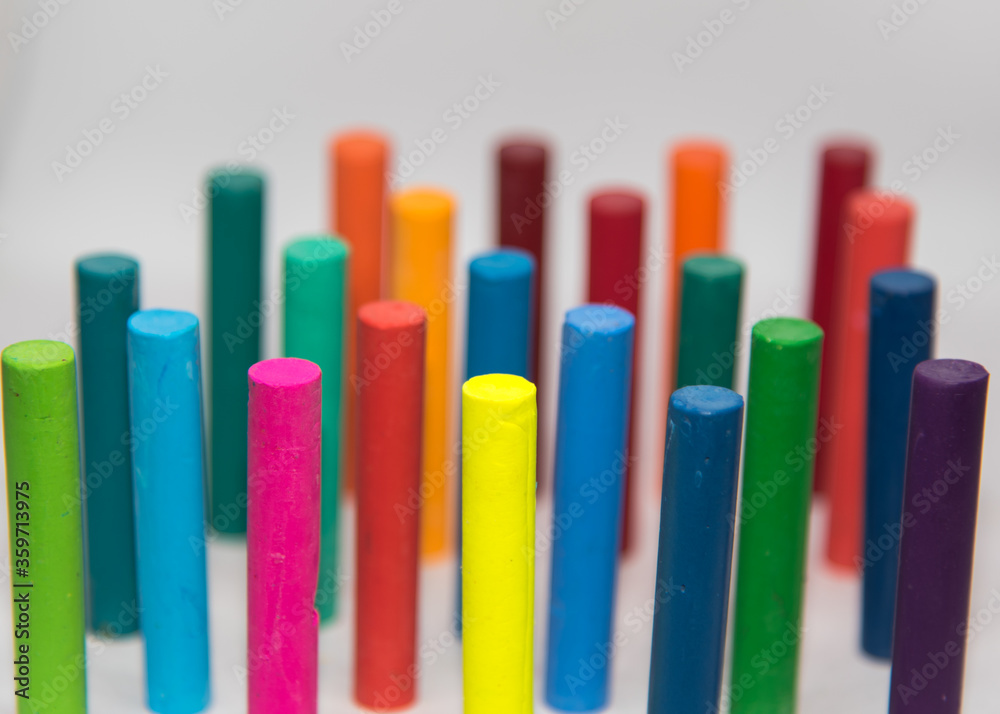 Top angle view of Crayons of different colours, haphazardly displayed ...