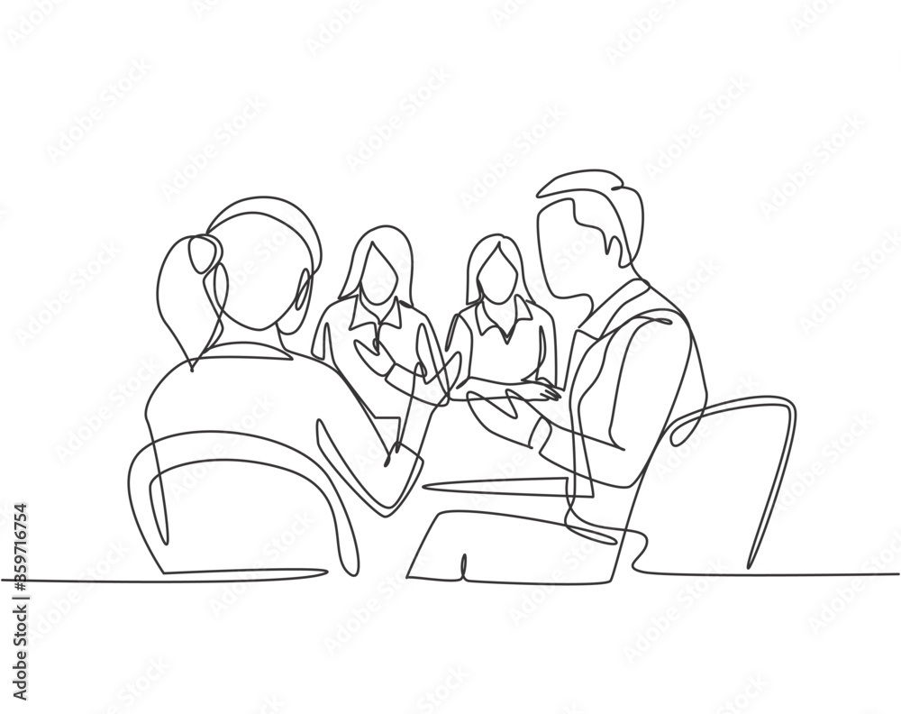 One continuous line drawing of young woman manger announcing company ...