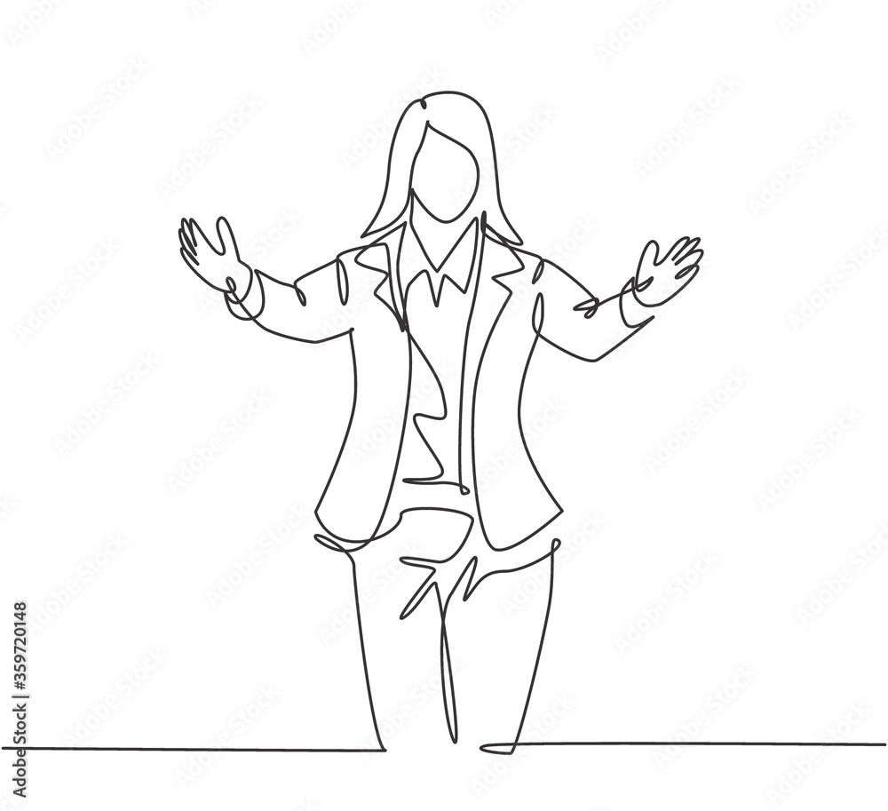 Single continuous line drawing of young happy female business worker ...