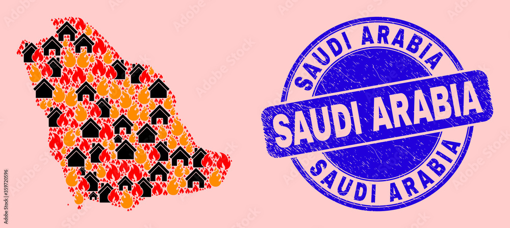 Flame and houses collage Saudi Arabia map and Saudi Arabia unclean ...