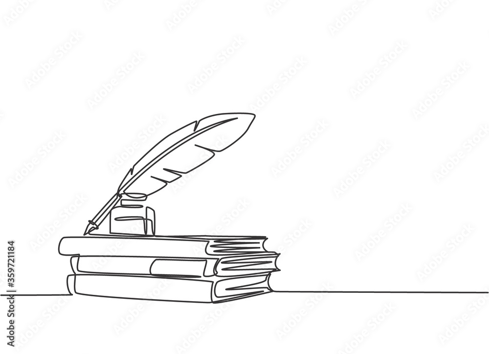 One continuous line drawing of stack of books, ink and quill pen on the ...