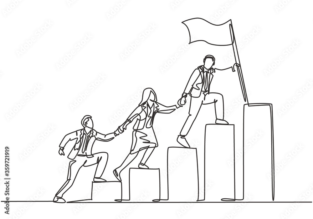 Single continuous line drawing of team members holding hands together ...