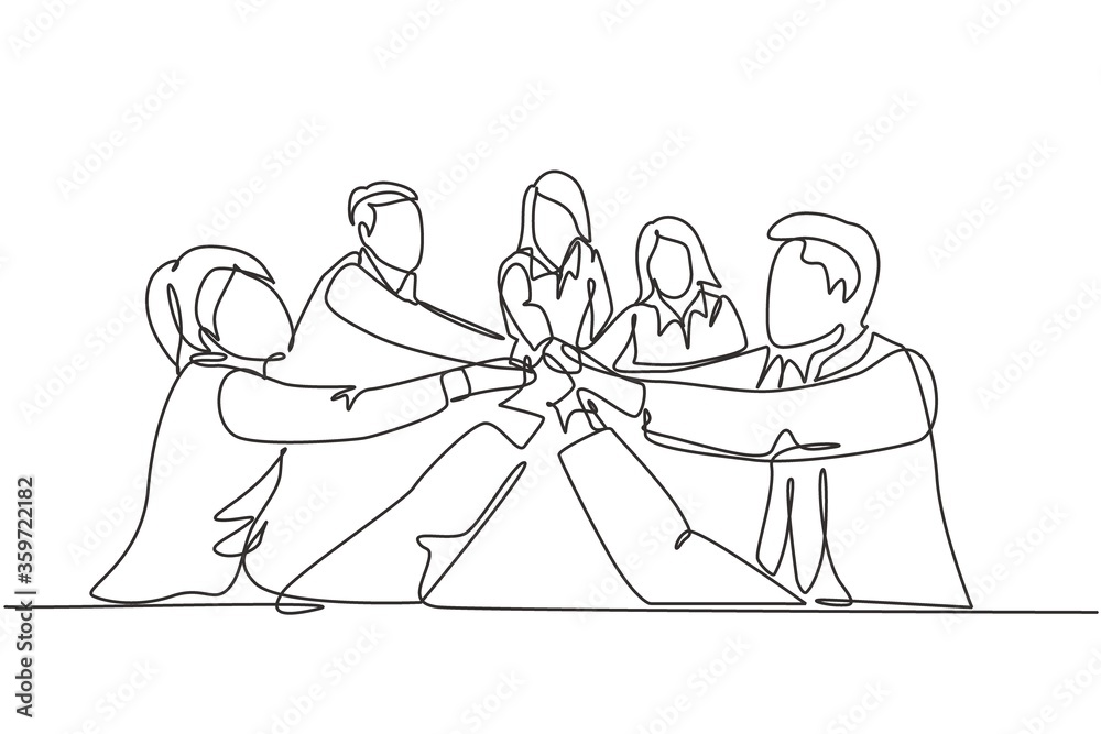 One single line drawing group of young happy male and female business ...