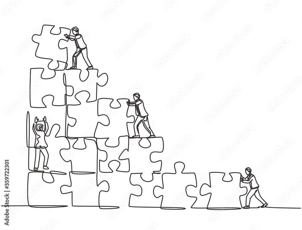 One single line drawing of two young businessman push and arrange ...