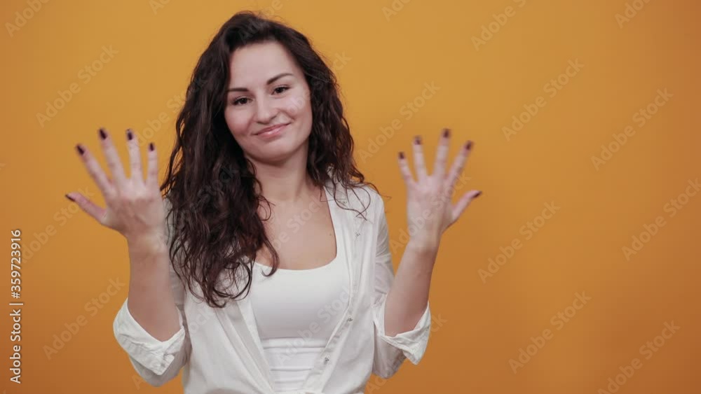 Wide open arms, incredulity, doubt beautiful woman. Is surprised spread ...