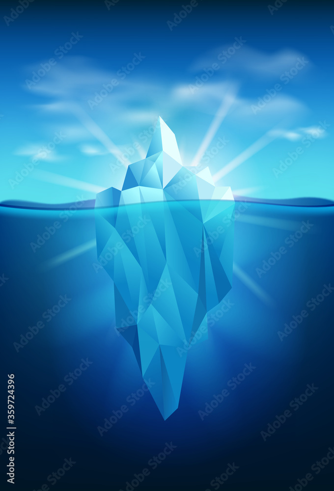 Poster Vector iceberg in the water, sun and clouds in north, template ...