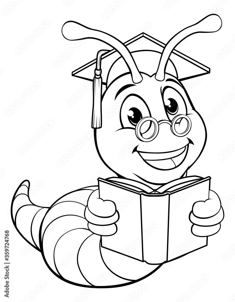 A bookworm cute cartoon worm in black and white outline like a kids ...