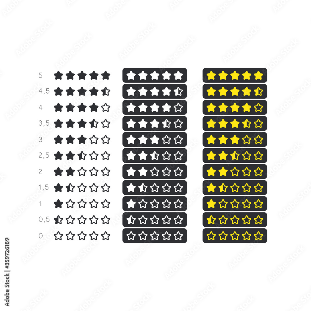 Product rating stars icon set. Customer review with gold stars and half ...