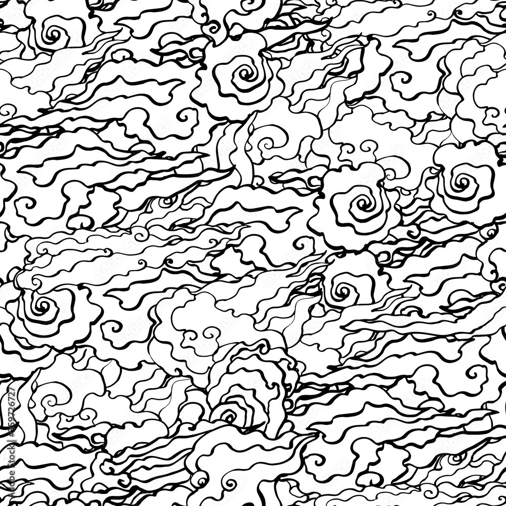 Realistic detailed hand drawn tile pattern of curly water waves or ...