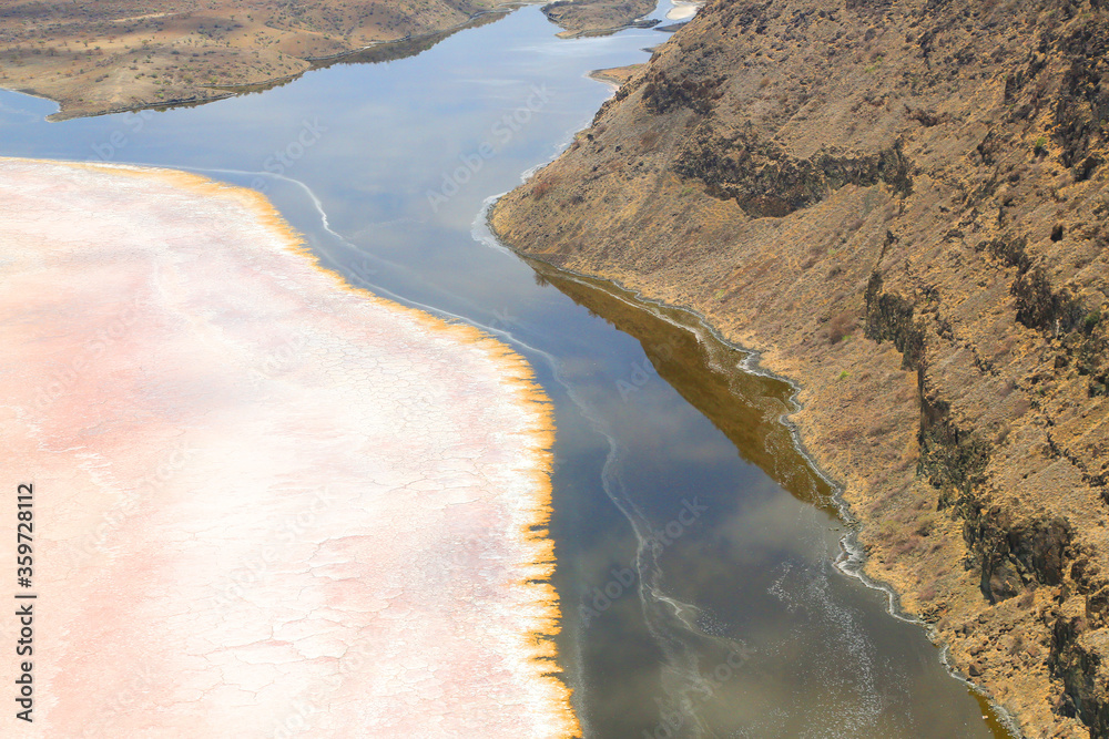 Aerial view of Lake Magadi in the Great Rift Valley of Kenya. Lake ...