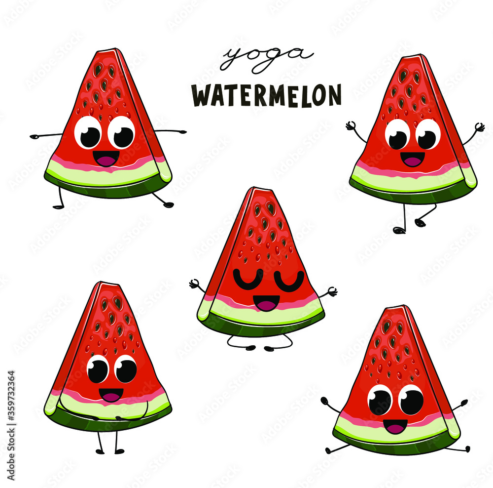 Funny watermelon character in yoga poses. Cartoon childish illustration ...