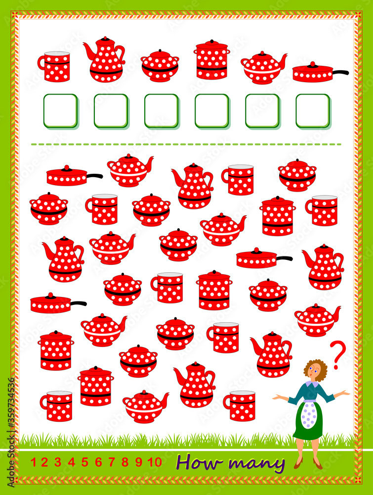 Math education for children. Count quantity of dishes and write numbers ...