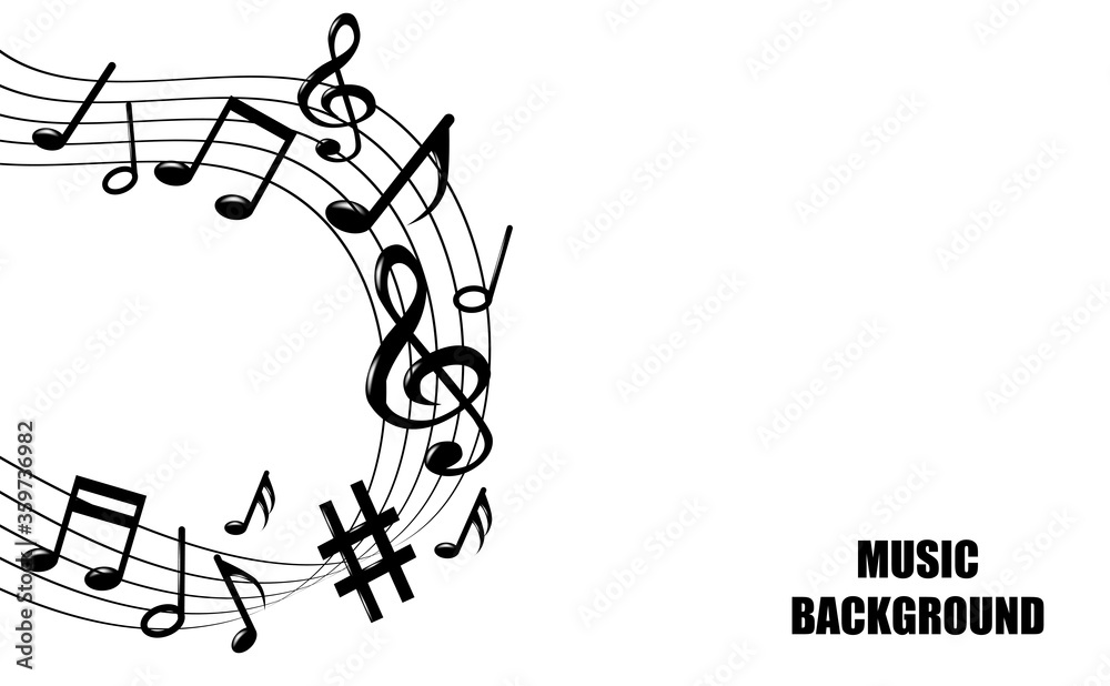 Abstract. Music notes melody background. Black notes symbols on white ...