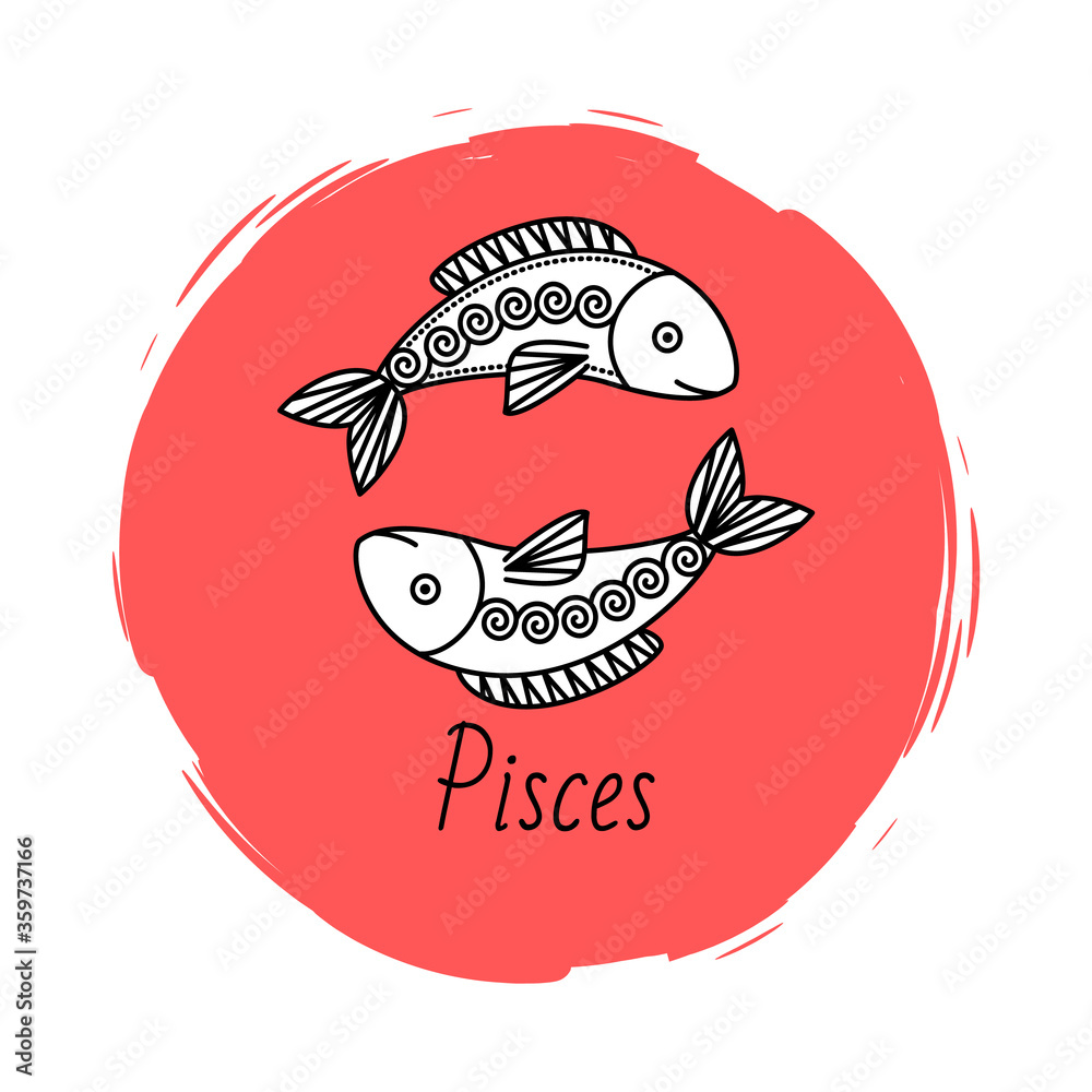 Pisces negative mutable zodiac sign with sketch of two fish in circle ...
