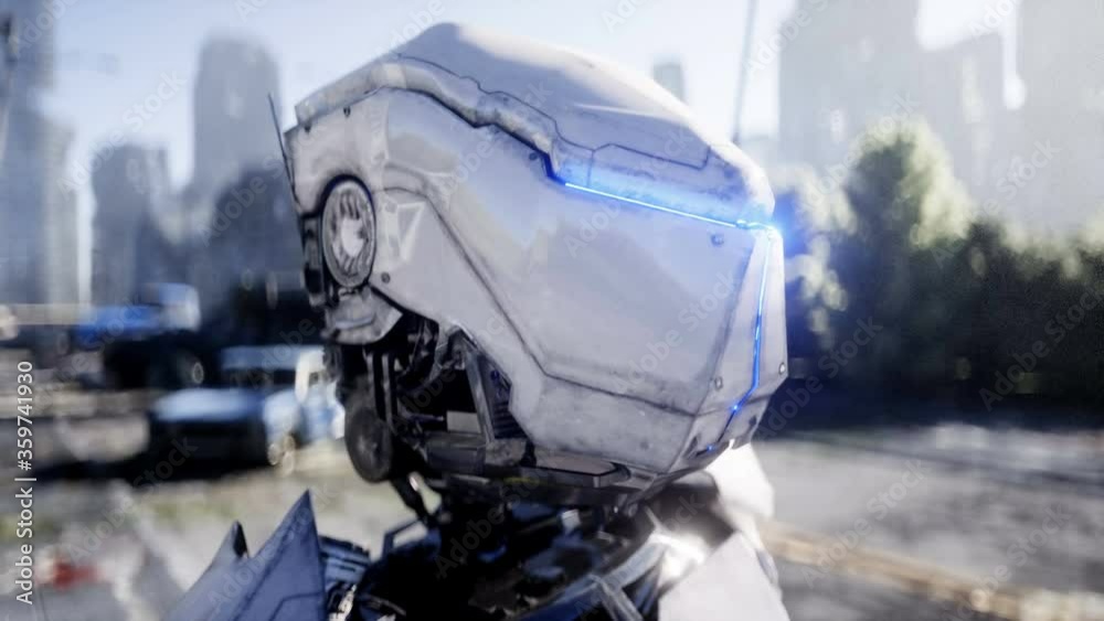 Military robot in destroyed city. Future apocalypse concept. Realistic ...