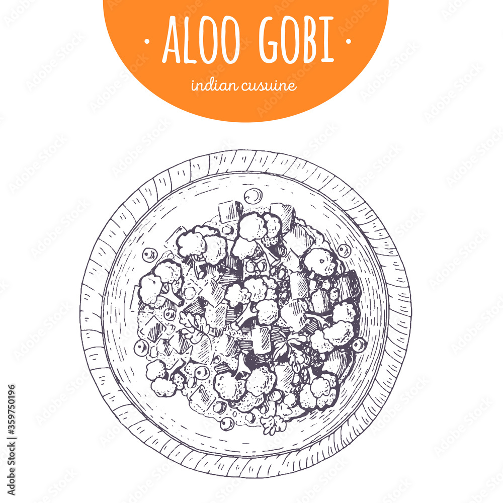 Aloo gobi top view vector illustration. Indian cuisine. Linear graphic ...